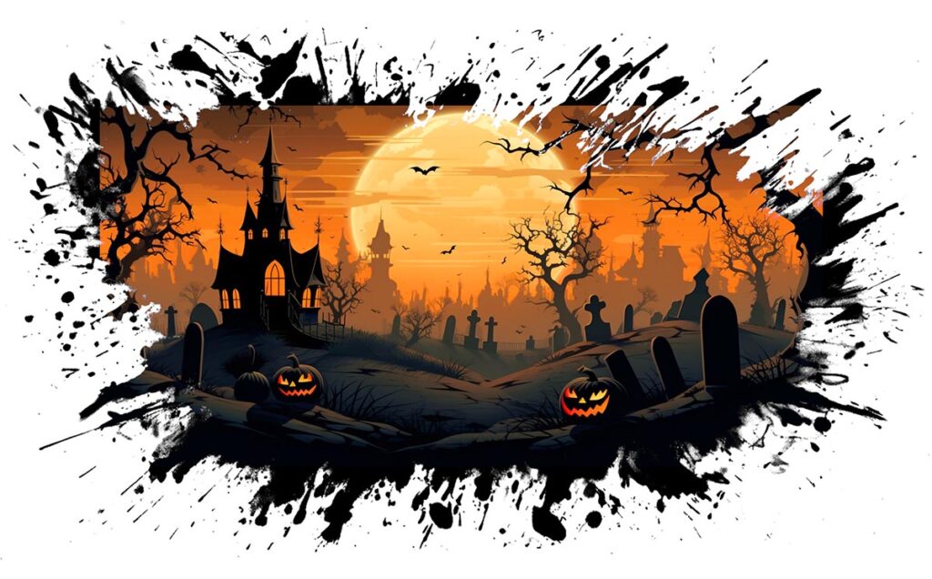Spooky Halloween Scene with Full Moon at Night Splash Art Image